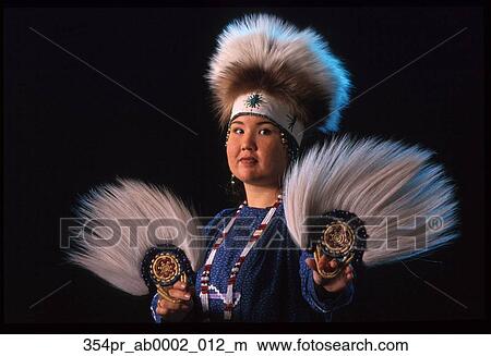 Yupik Woman w/dance fans & Headdress SC Alaska studio portrait Picture ...