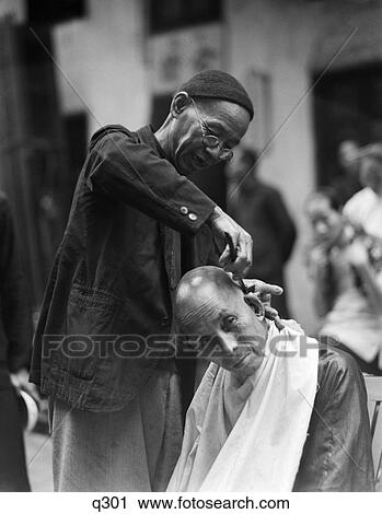 1920 1920S 1930 1930S Chinese Barber Man Shaving Mans Head On Sidewalk ...