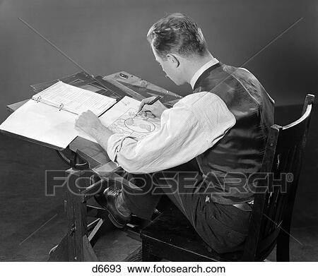 1940S 1950S Rear Back View Man Seated At Drafting Table Working ...