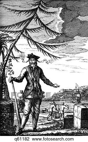 1700S Engraving Of Edward Teach Known As The Ferocious Pirate ...