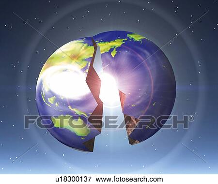 Stock Illustration of Earth split in two, CG, 3D, Illustration, Lens ...